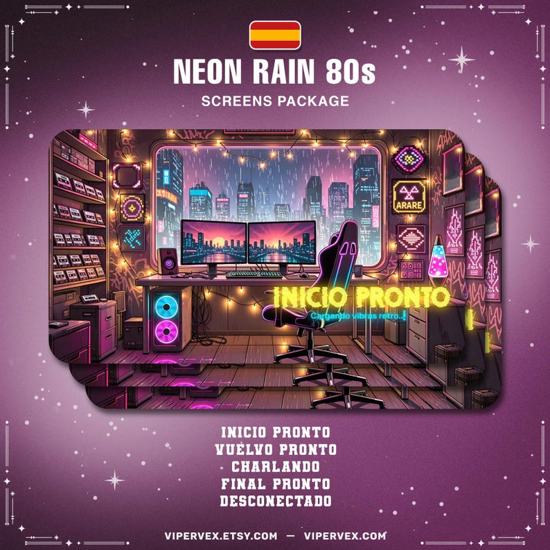 Neon Retro Twitch Overlays, 80s Gaming Setup Screens, Synthwave ...