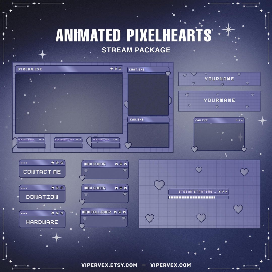 Animated Stream Package Overlay Pixel Hearts, Pixel Stream Pack, Hearts ...