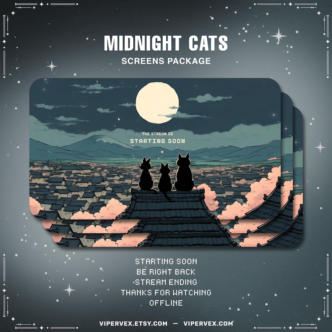 Twitch Overlay Cats Night Screens, Cute Cozy Animated Dark Bundle ...