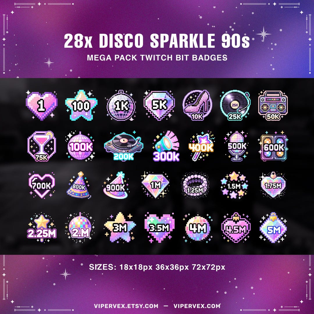 Retro 90s Disco Bit Badges: Neon Pixel Streamer Set (digital Download ...