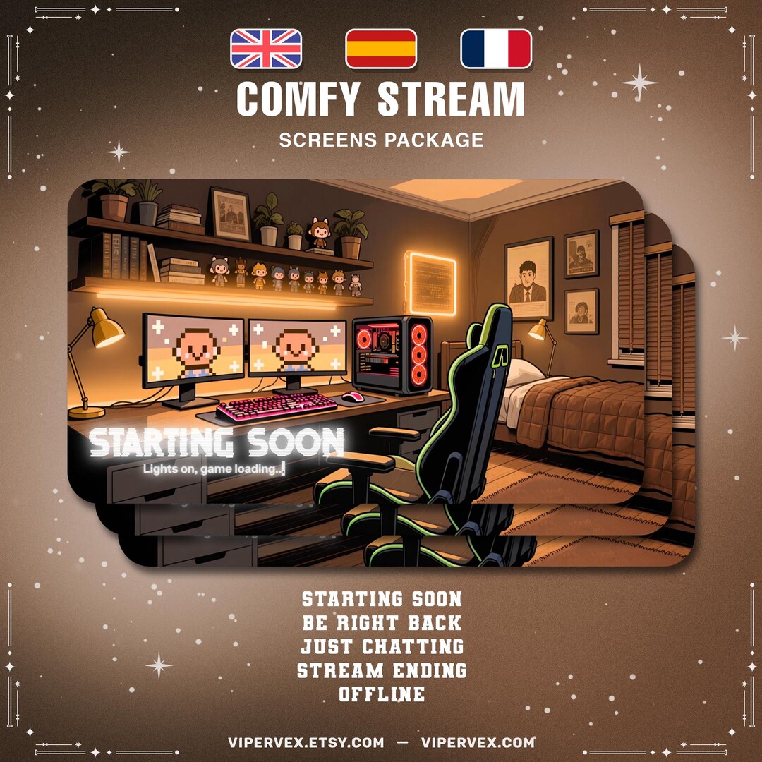 Cozy Animated Stream Overlay Pack: Multilingual Twitch Screens (digital ...