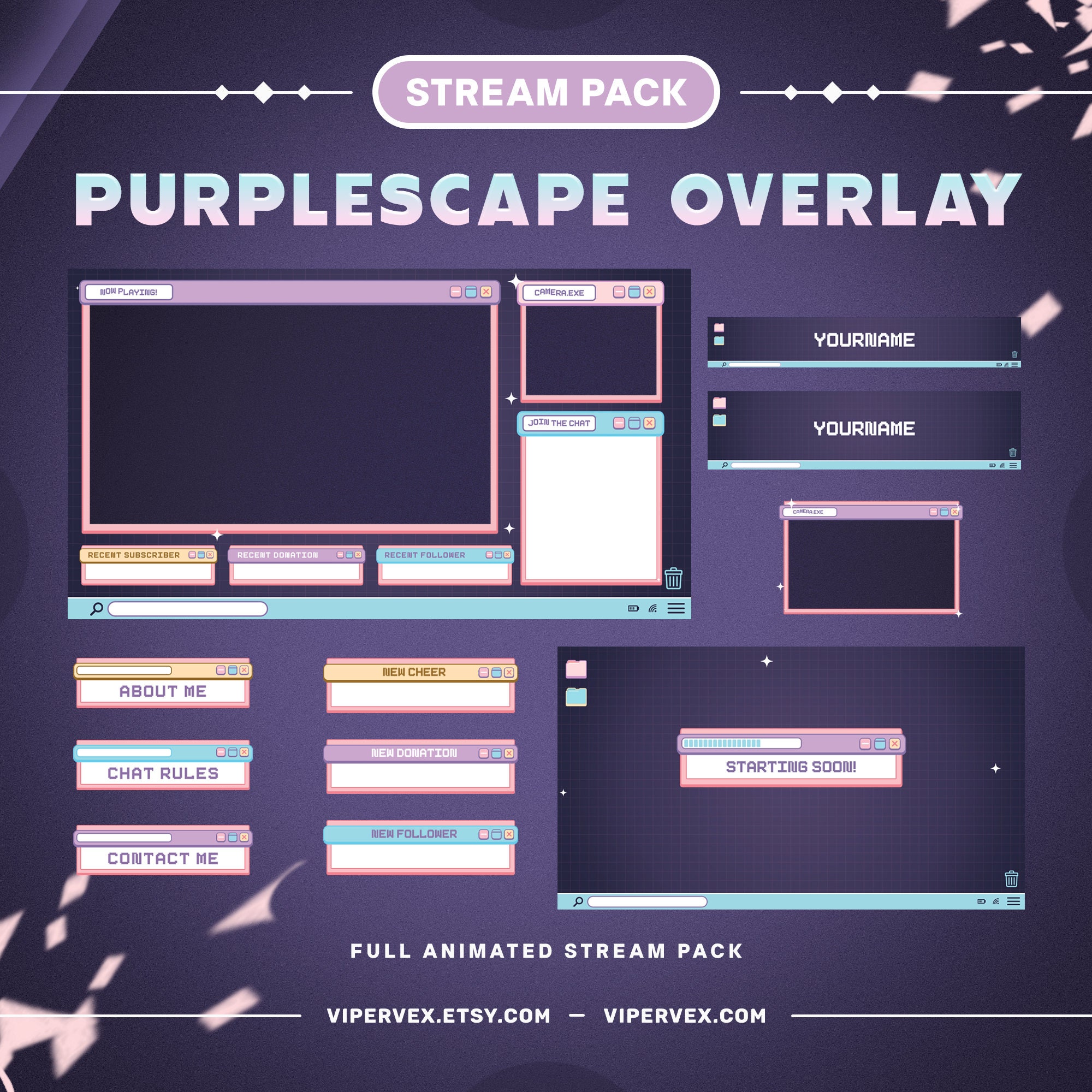 Animated Purple Stream Overlay Package, Lofi Aesthetic Stream Package ...