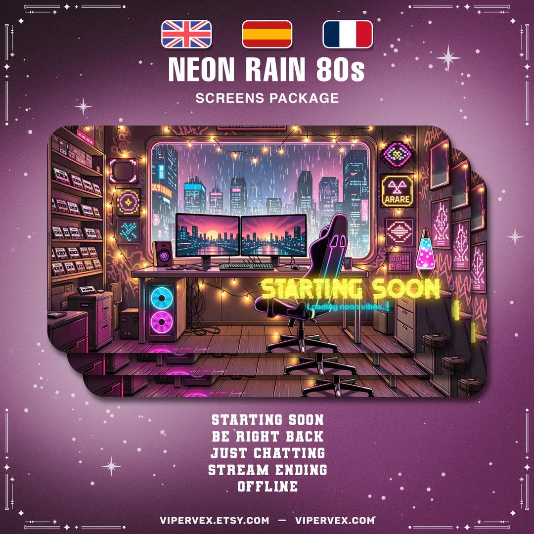 Neon Retro Twitch Overlays, 80s Gaming Setup Screens, Synthwave ...