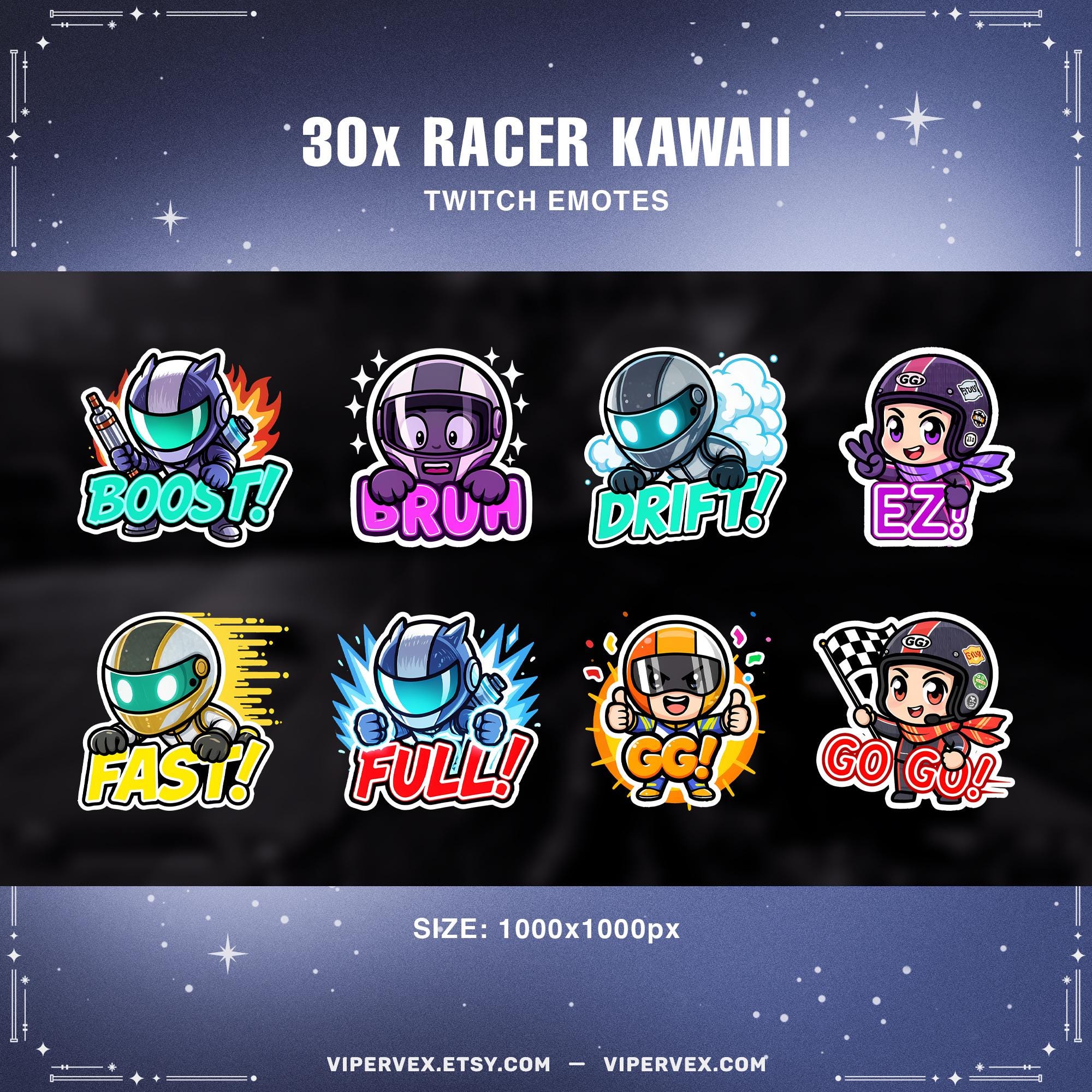 30 Racing Chibi Twitch Emotes: Car, Flag, Trophy (PNG Digital Download ...