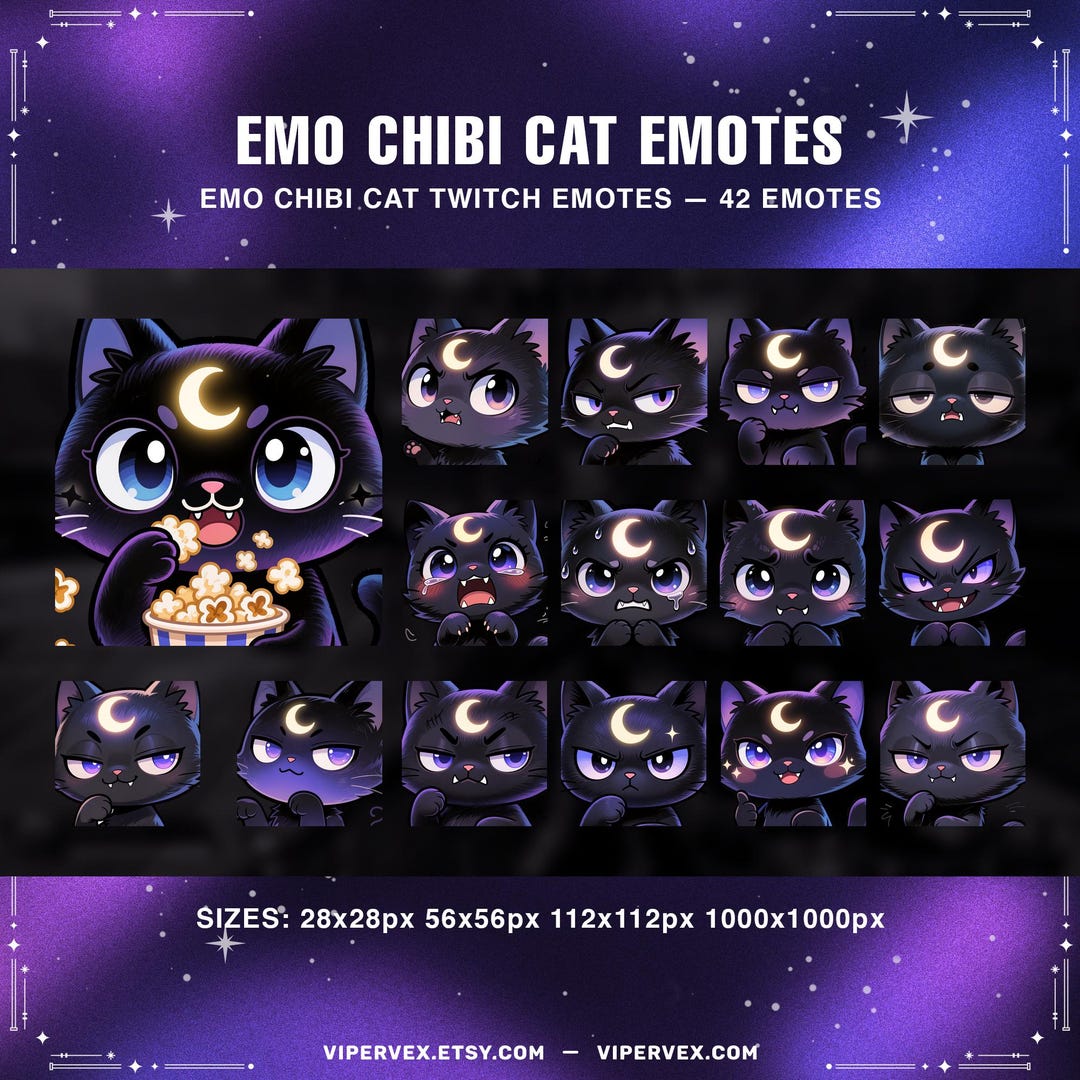 Emo Chibi Moon Cat Emote Pack | Anime Cat Icons for Twitch, Discord ...