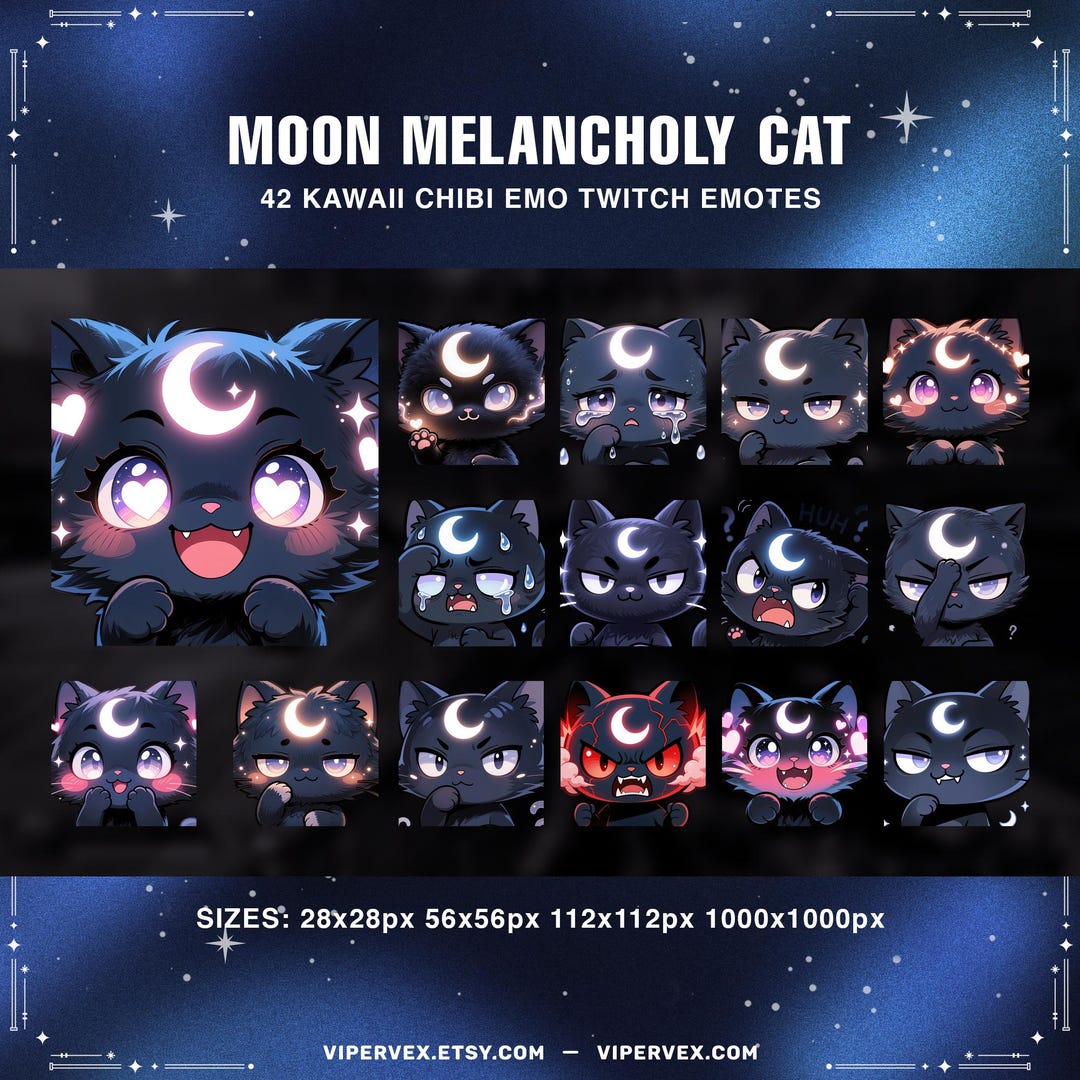 Kawaii Chibi Emo Moon Cat Twitch Emotes | Anime Cat Emote Pack for ...