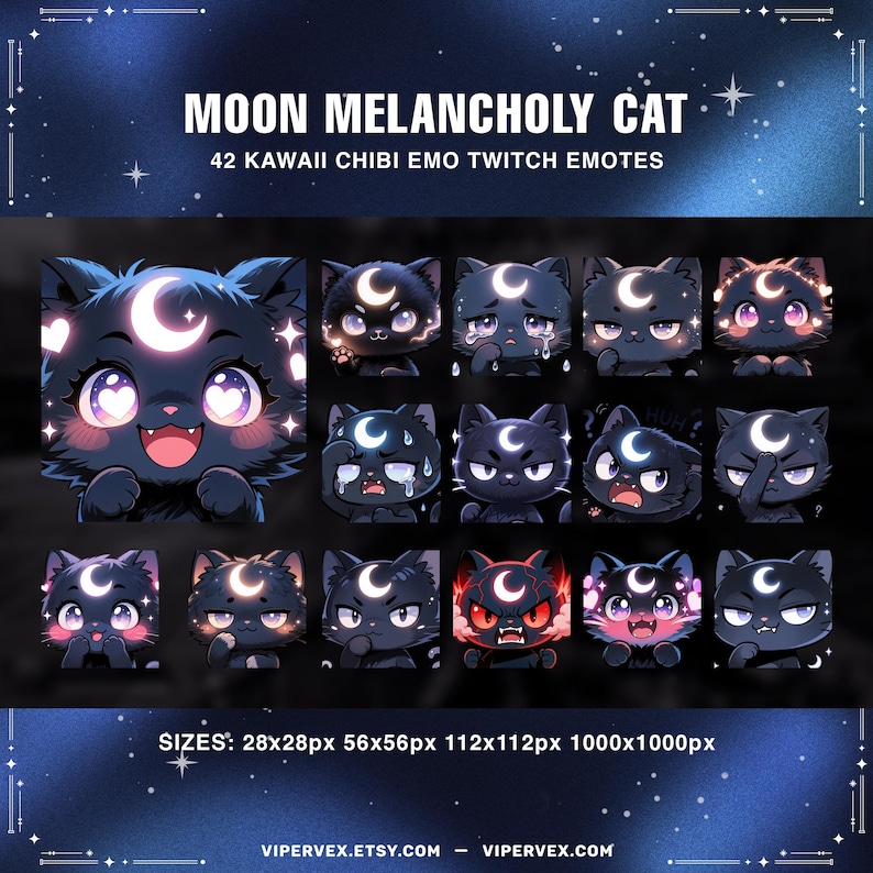 Kawaii Chibi Emo Moon Cat Twitch Emotes | Anime Cat Emote Pack for ...