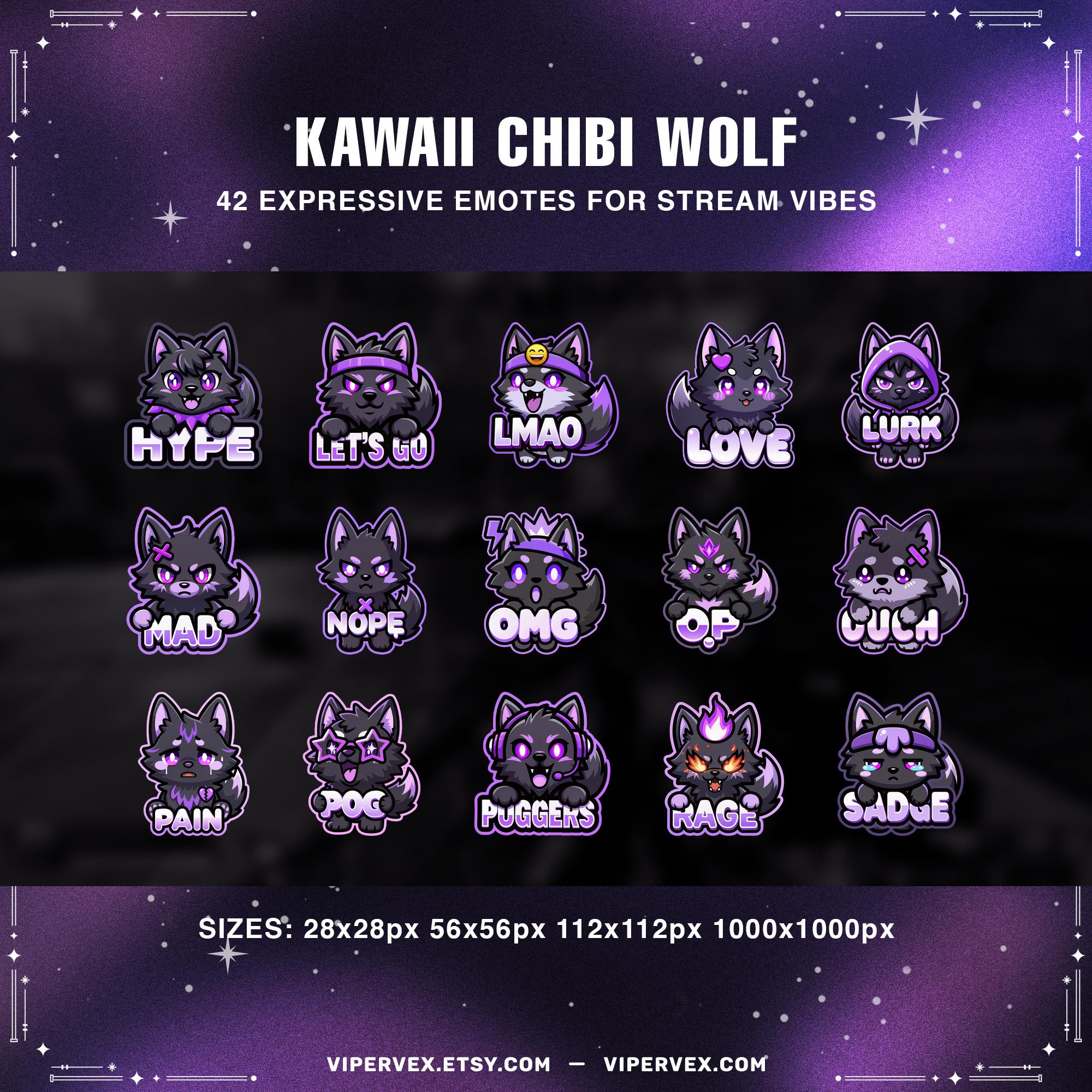 Kawaii Chibi Wolf Emotes Pack | 42 Wolf Emoji for Twitch, Discord ...