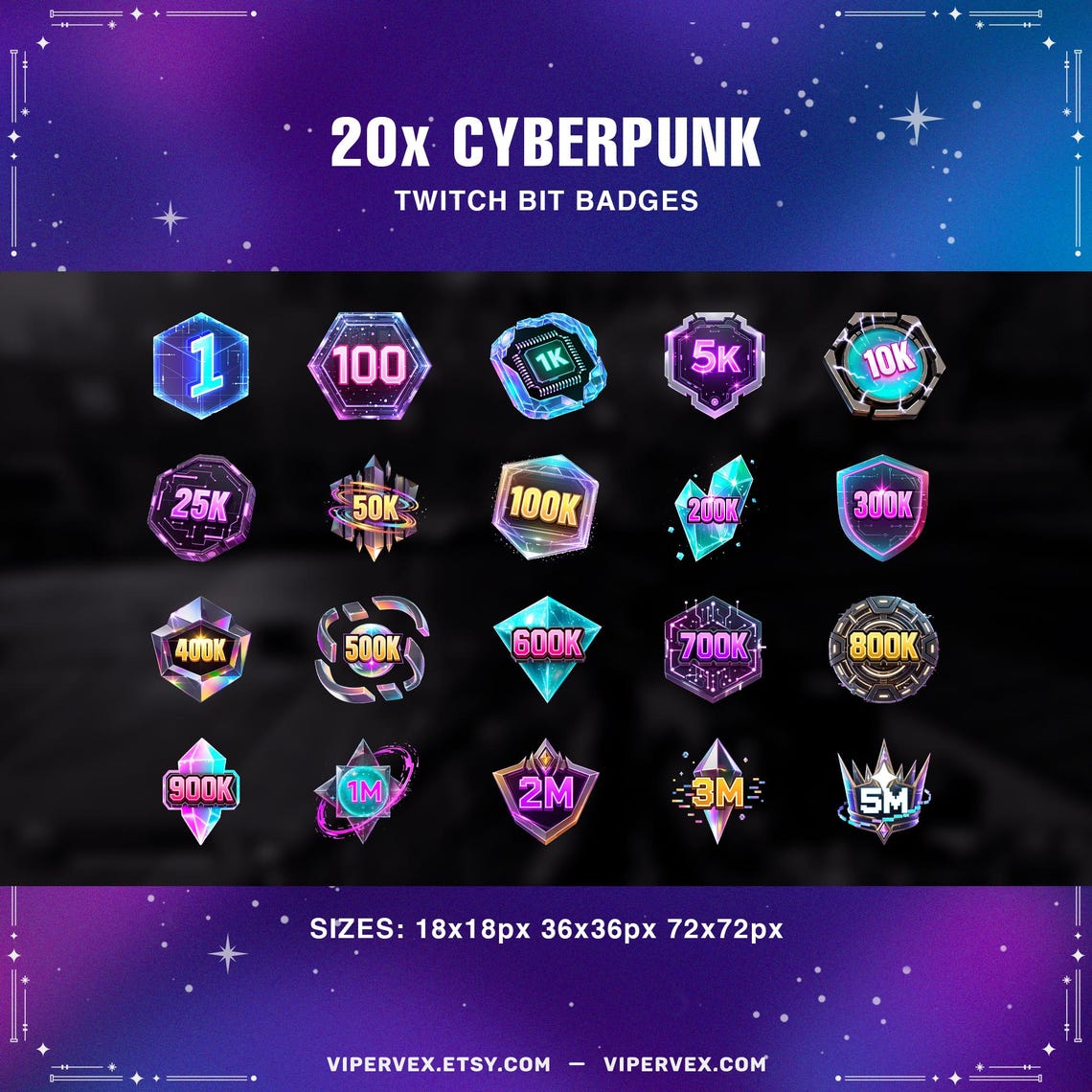 Cyberpunk Twitch Bit Badges | 20 Neon Futuristic Bit Badge Pack for ...