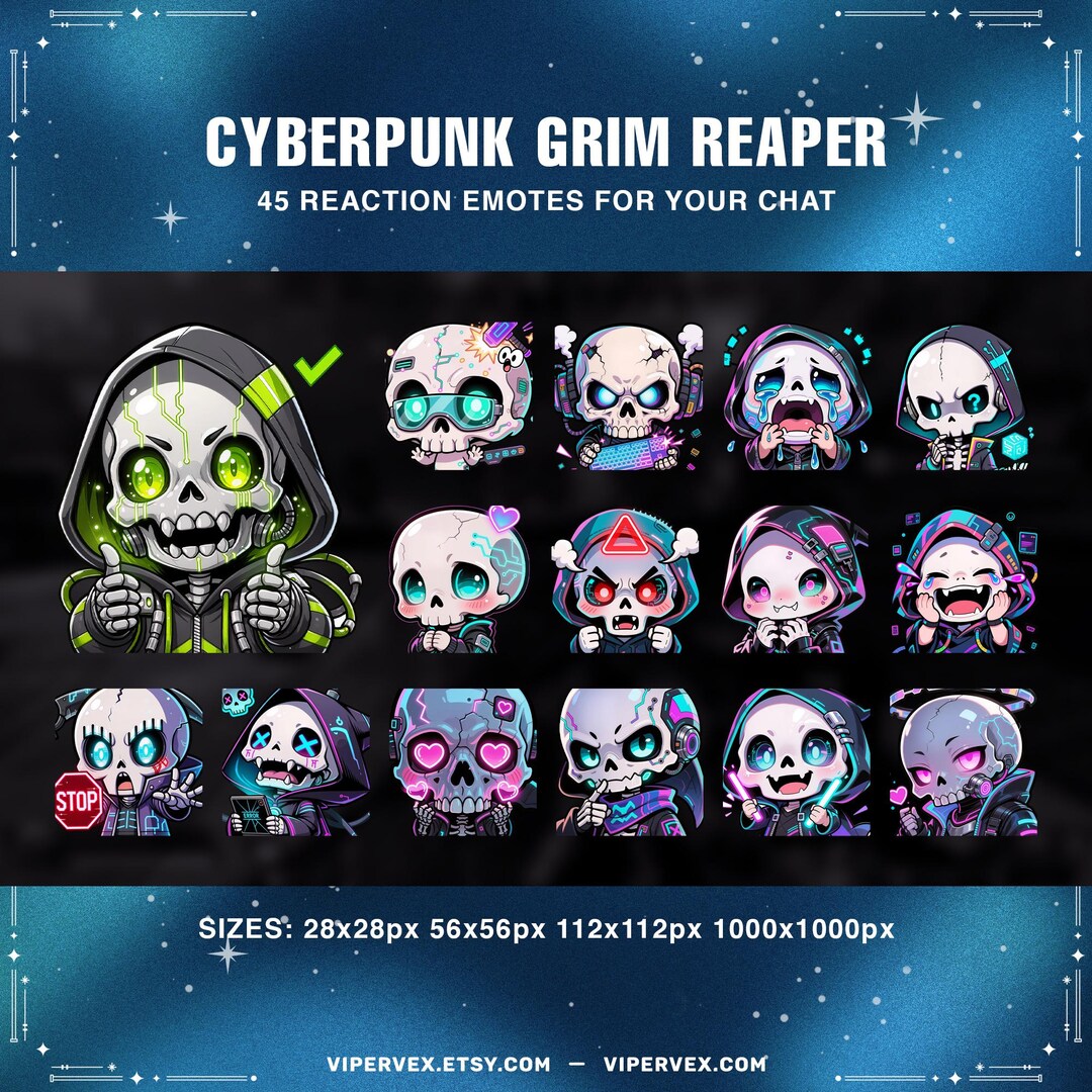 Cyberpunk Grim Reaper Reaction Emotes | 45 Neon Skull Twitch Emojis ...