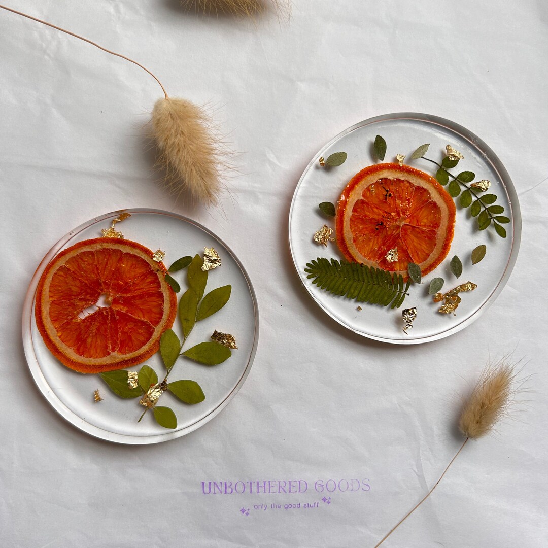 Natural Citrus and Pressed Greenery Coaster Set of Two | Boho Coaster ...