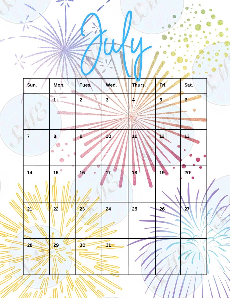 Printable July Calendar 2024 Fireworks Theme Monthly Planner Instant ...