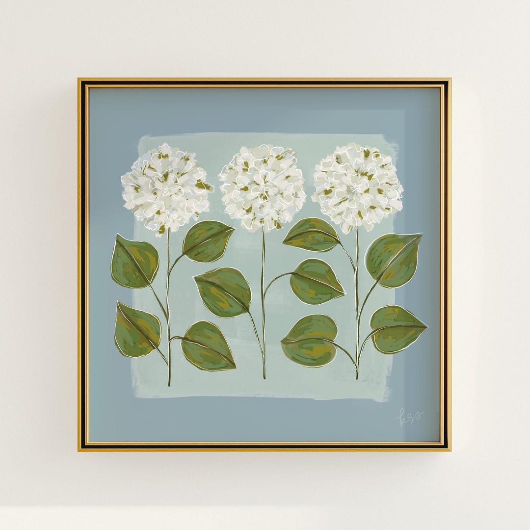 Blue & Green Hydrangea Botanical Print | Grandmillennial Wall Decor ...