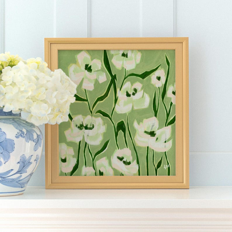Pearl White Olive Green Roses Botanical Print | Hand Drawn Floral Wall ...