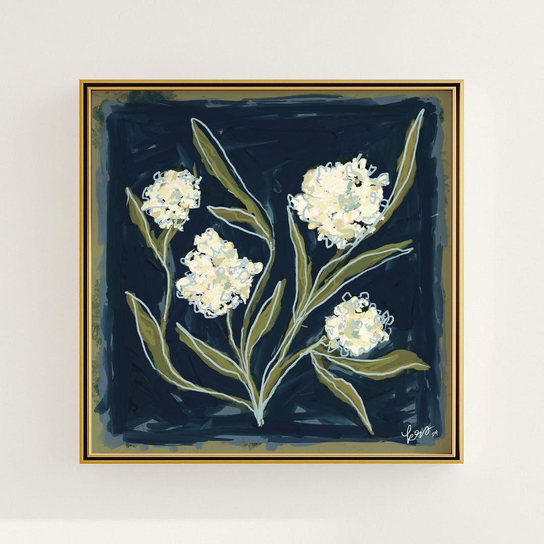 Navy Blue & Green Floral Botanical Print | Grandmillennial Wall Decor ...