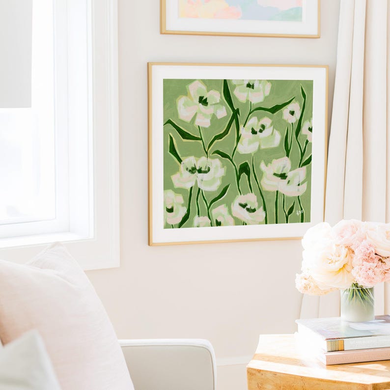 Pearl White Olive Green Roses Botanical Print | Hand Drawn Floral Wall ...