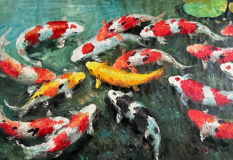 Large Oil Painted Feng Shui Koi Fish Oil Painting on Rolled Canvas With ...