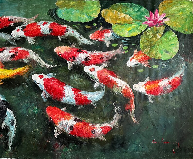 Large Oil Painted Feng Shui Koi Fish Oil Painting on Rolled - Etsy