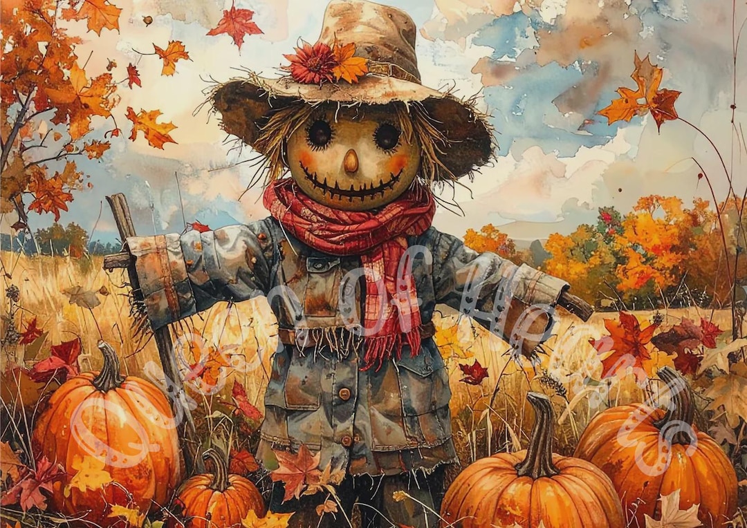 Fall Scarecrow Decoupage, Autumn Harvest Illustration, Rustic Woodland ...