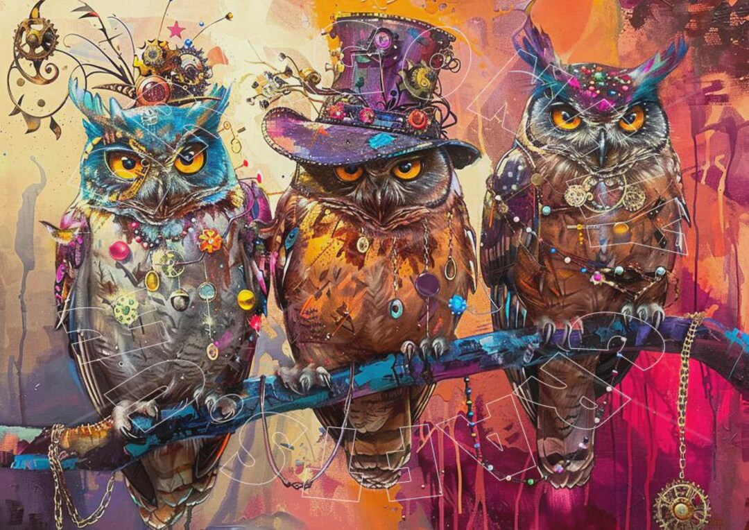 Steampunk Owl Decoupage Rice Paper, Whimsical Collage Sheet, Decorative ...