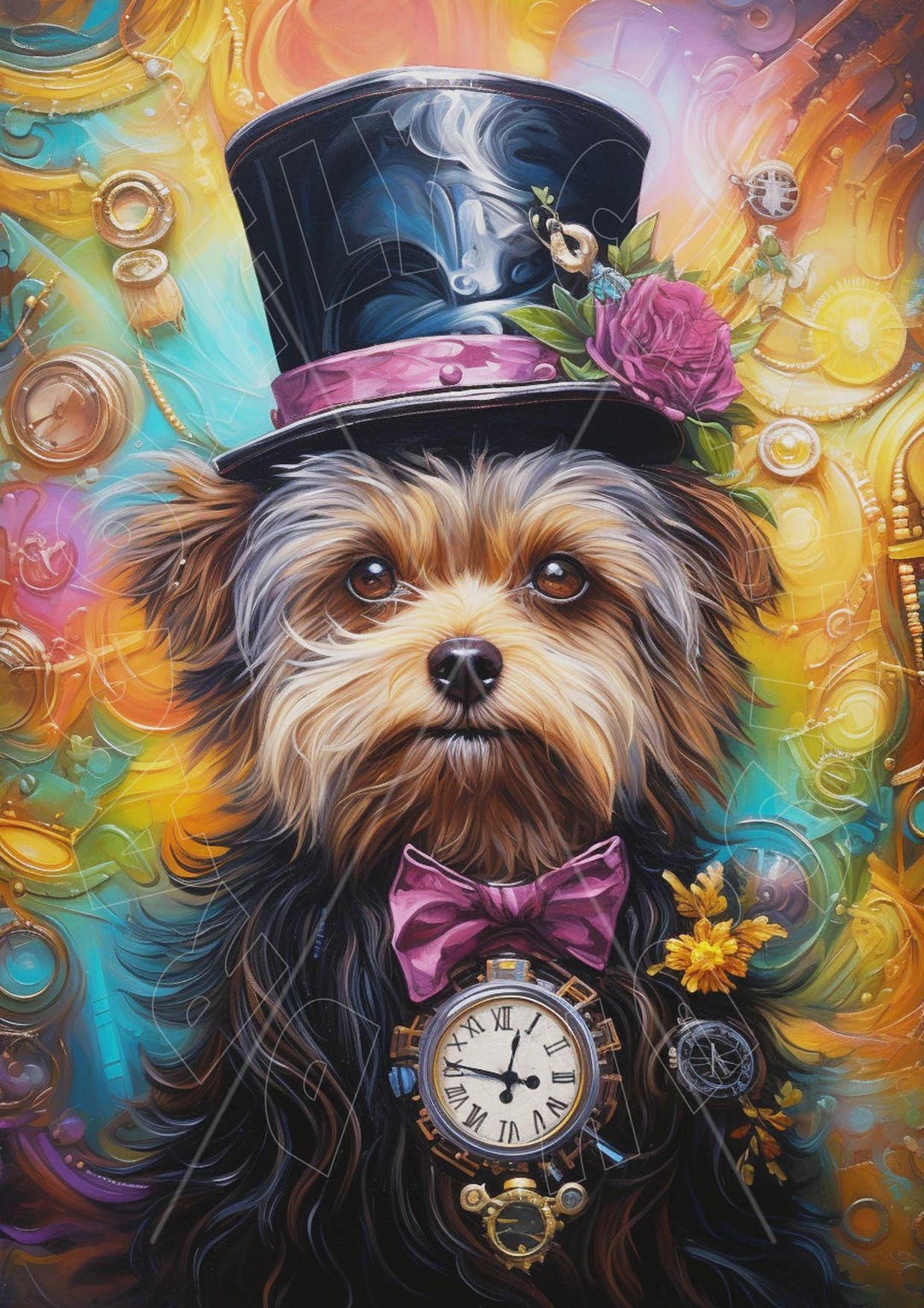 Rainbow Yorkie Decoupage Paper, Steampunk Dog Craft Sheet, Whimsical ...