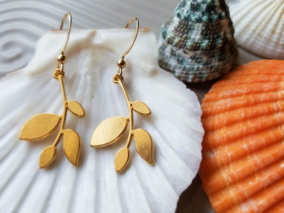 Gold Abstract Leaf Small Dangle Earrings With 18K Gold Plated French ...