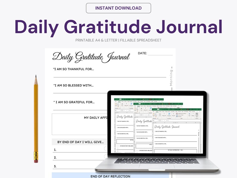 Daily Gratitude Journal, Printable A4/US Letter Size, MS Excel ...