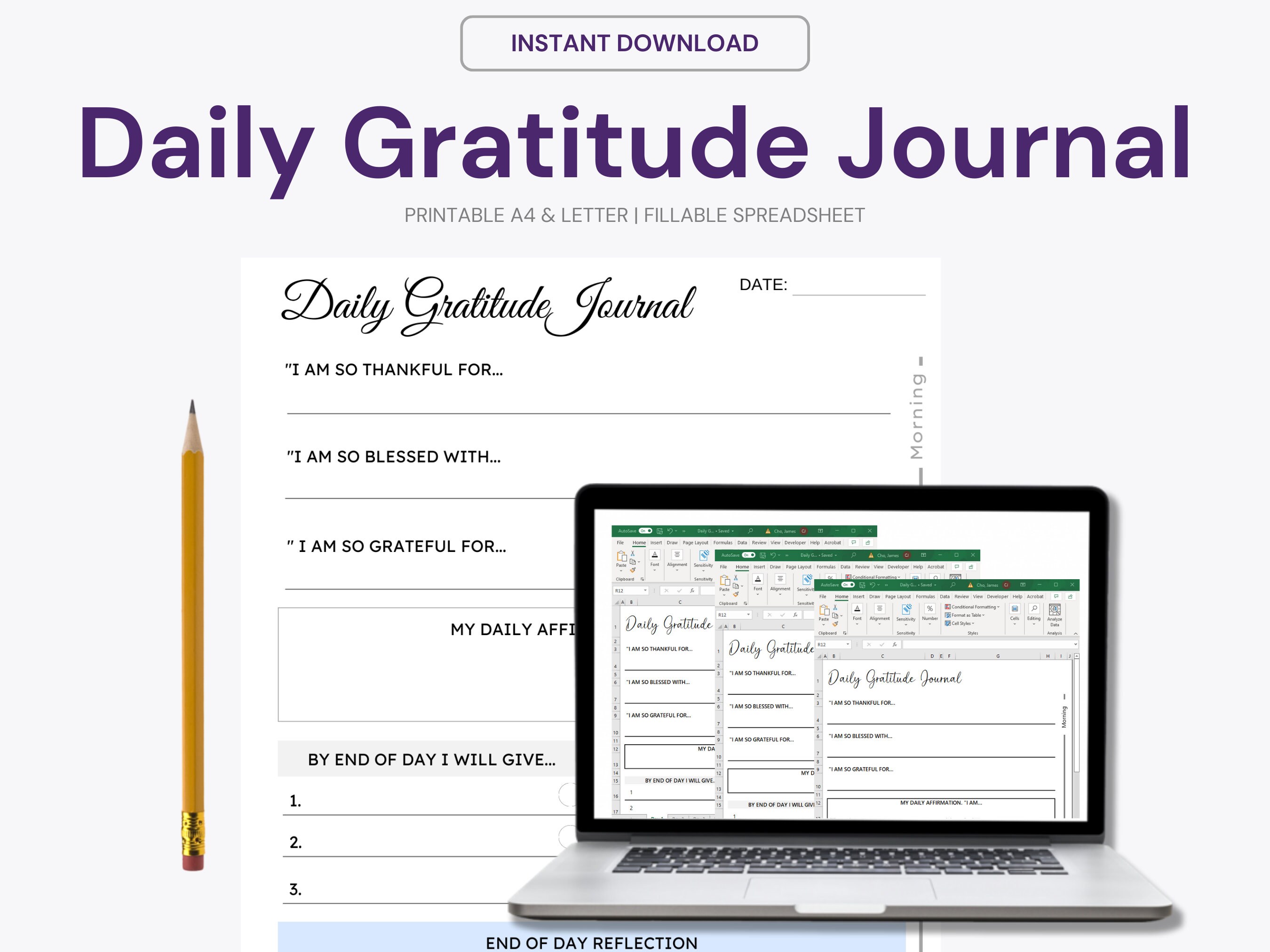 Daily Gratitude Journal, Printable A4/US Letter Size, MS Excel ...