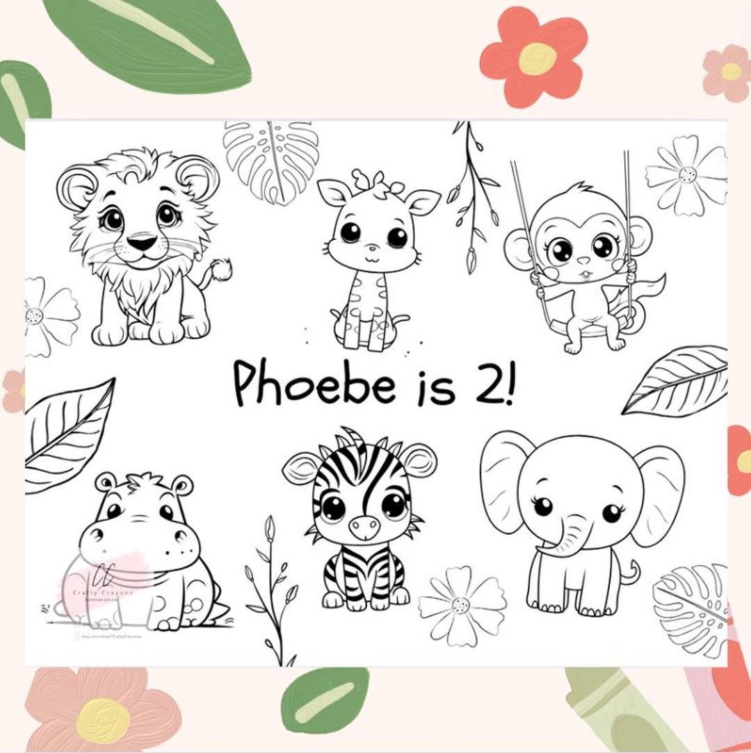 Jungle Animal Themed Coloring Page Digital File Printable Custom ...