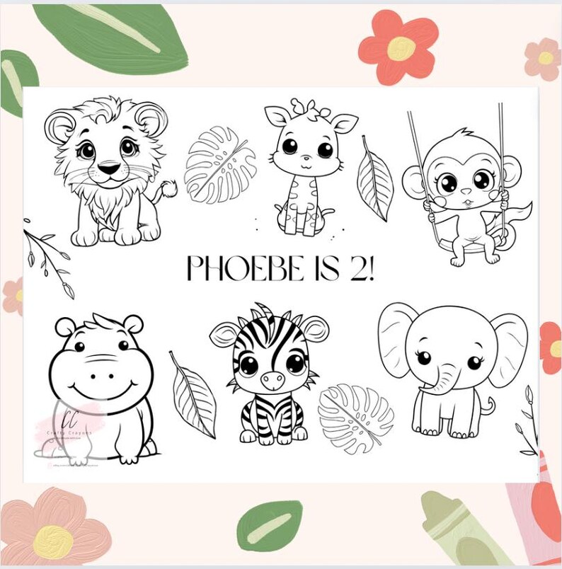 Jungle Animal Themed Coloring Page Digital File Printable Custom ...