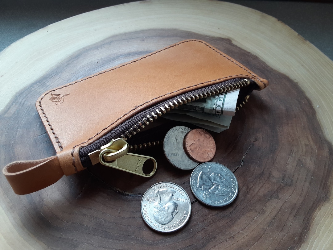 Leather Coin Zip Purse, Pouch, Wallet. Hand Stitched, Handmade Veg ...