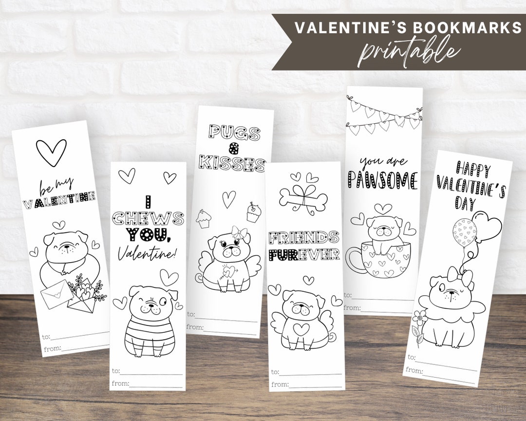 Printable Pug Puppy Valentine’s Day Coloring Bookmarks | Kids’ Dog ...