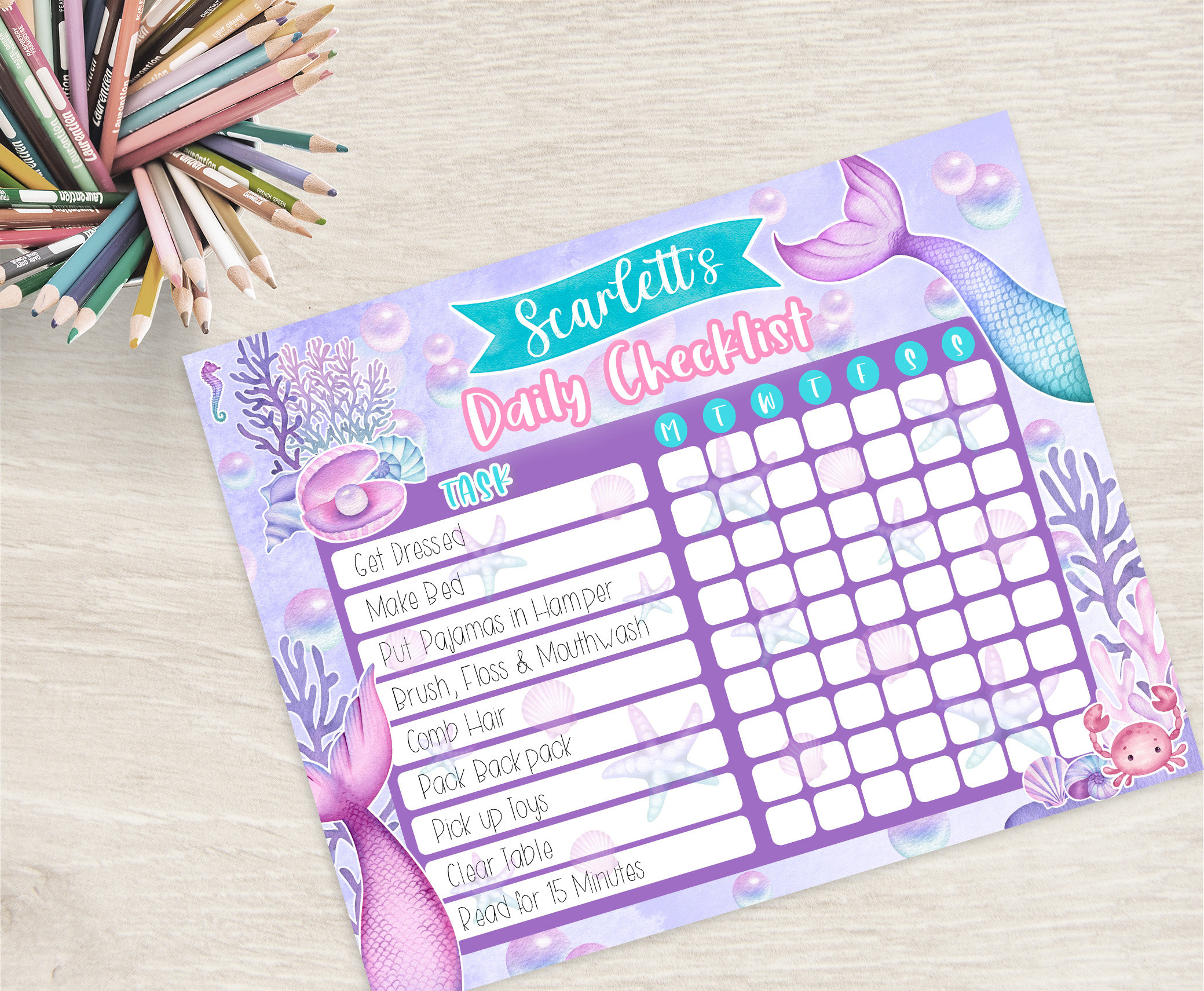 Personalized Kids' Mermaid Chore Chart Checklist Template | Under the ...
