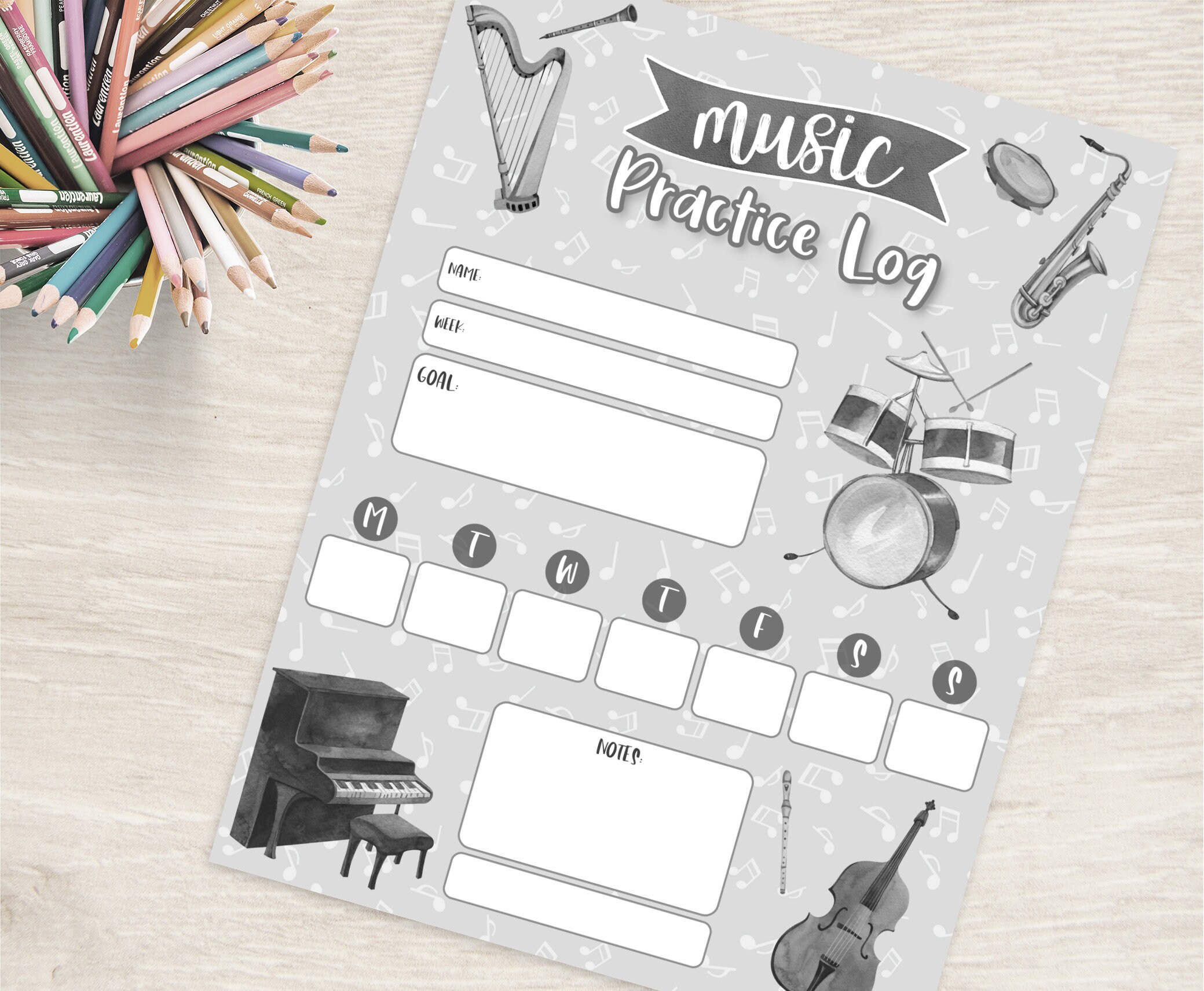 Printable Music Instrument Practice Log Chart Sheet| Black and White ...