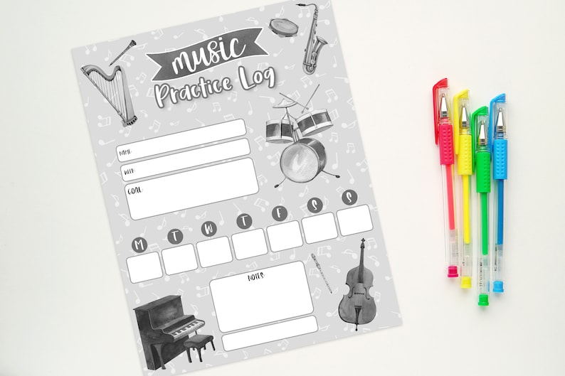 Printable Music Instrument Practice Log Chart Sheet Black and - Etsy