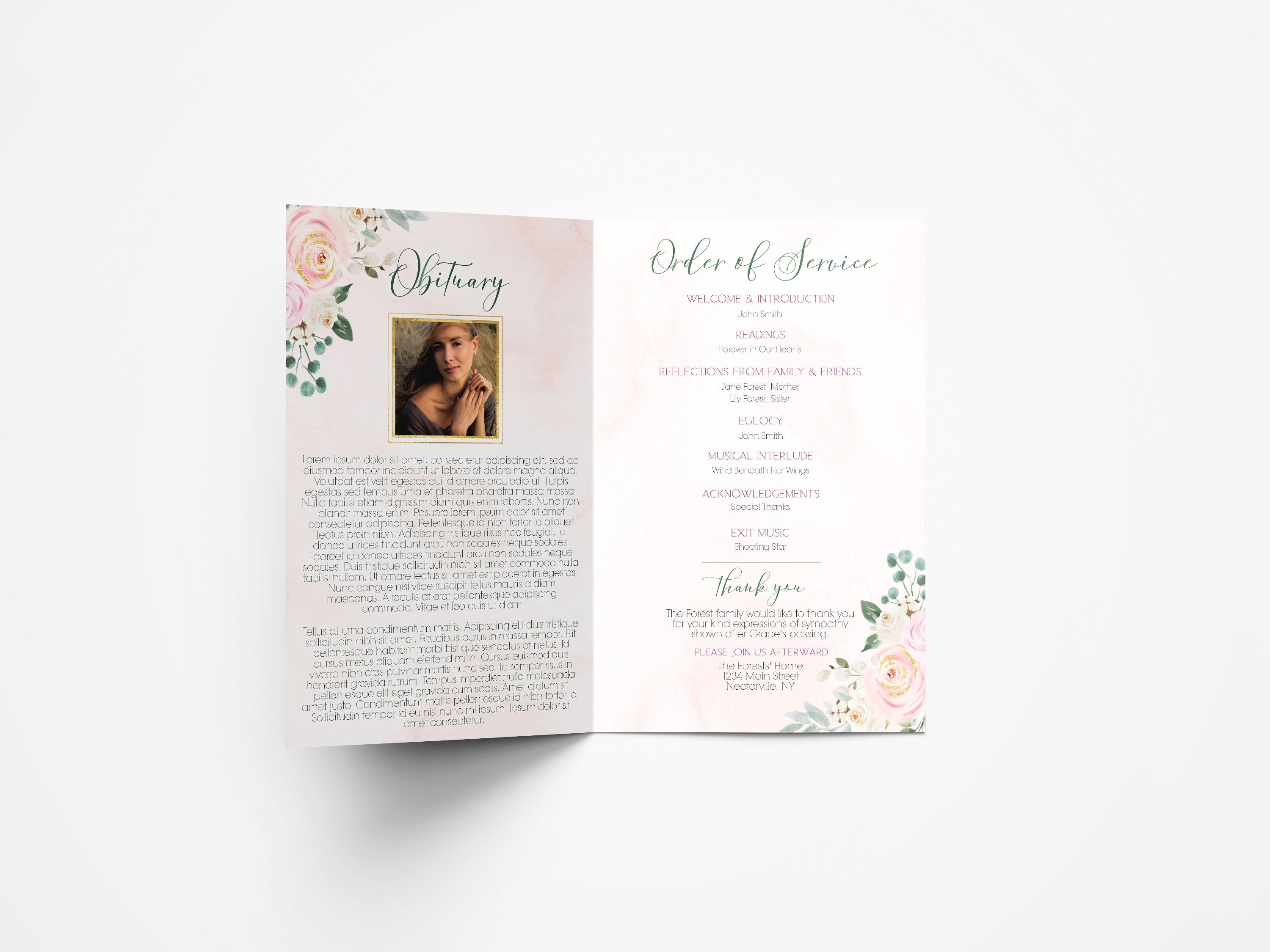 Editable Pink Funeral Program Template Floral - Etsy