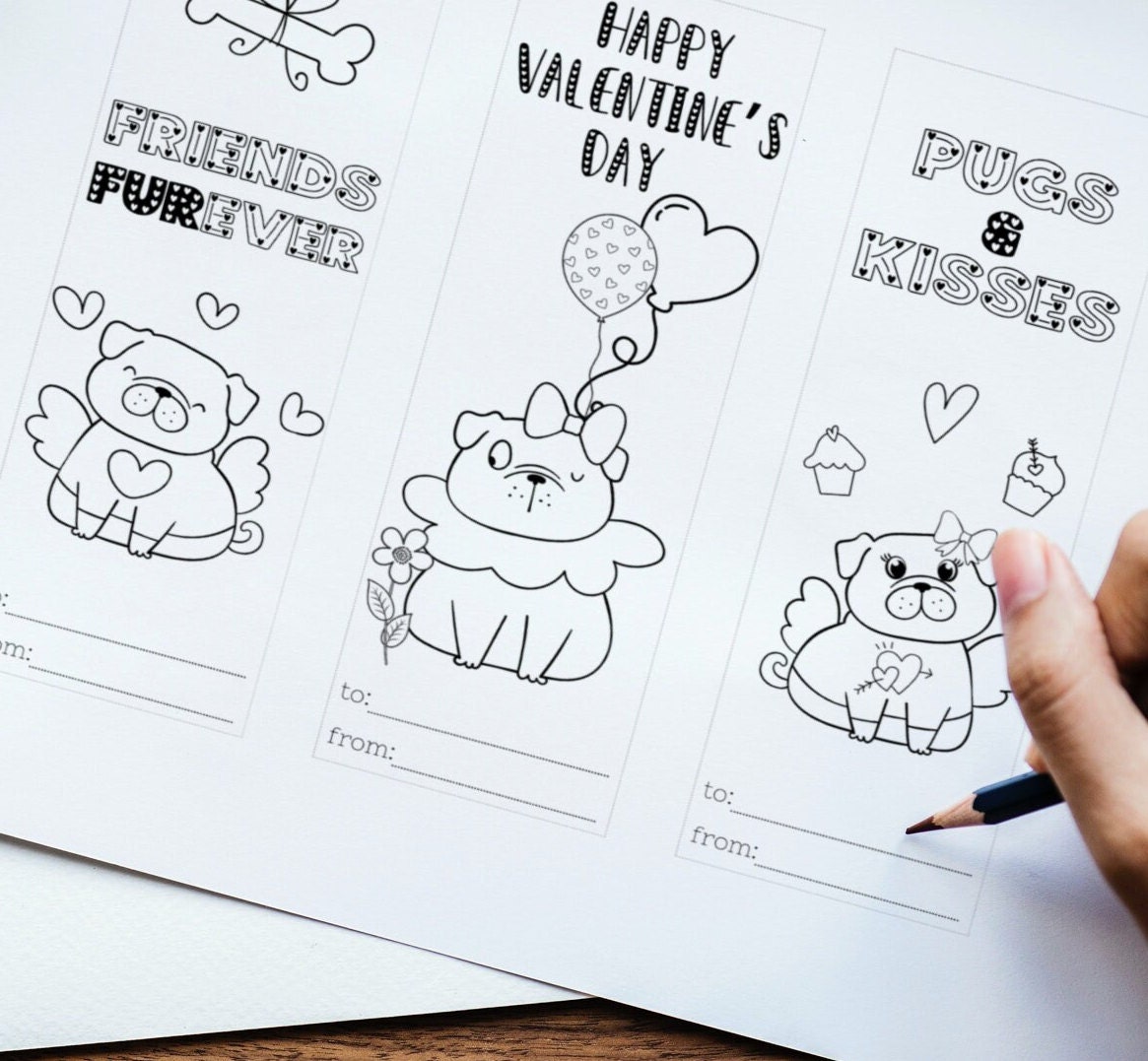 Printable Pug Puppy Valentine’s Day Coloring Bookmarks | Kids’ Dog ...