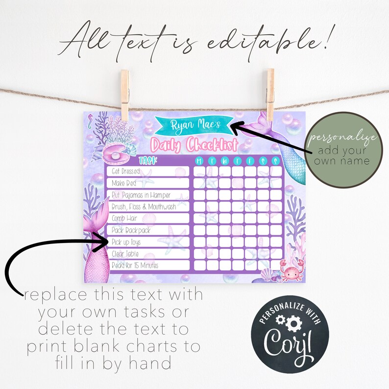 Personalized Kids' Mermaid Chore Chart Checklist Template | Under the ...