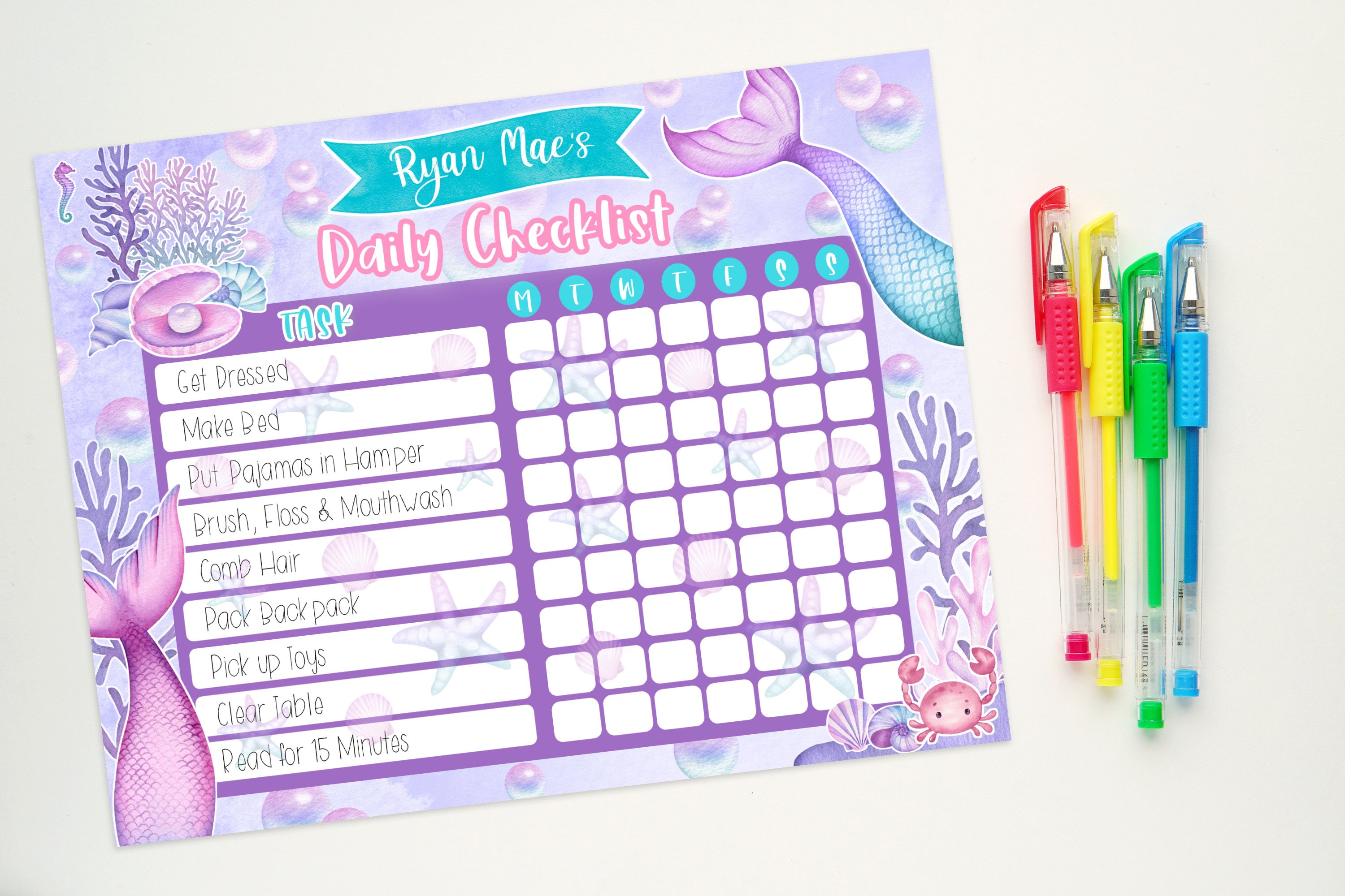 Personalized Kids' Mermaid Chore Chart Checklist Template | Under the ...