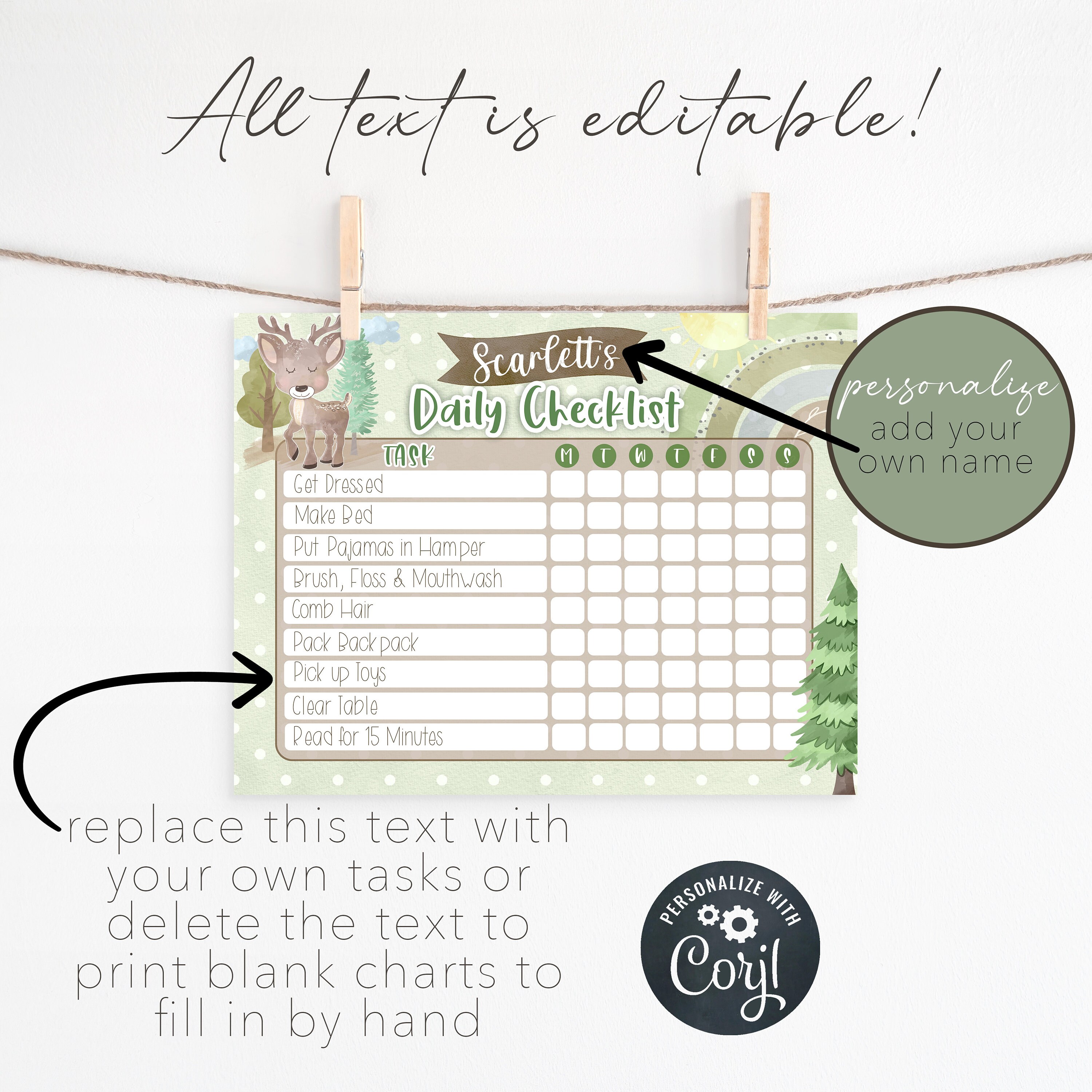 Personalized Kids' Chore Chart Checklist Template | Woodland for Boys ...