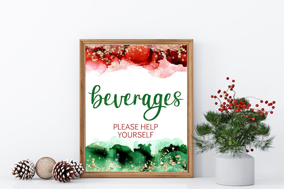 Printable Christmas Party Sign | Beverages | 8x10 Watercolor & Glitter ...