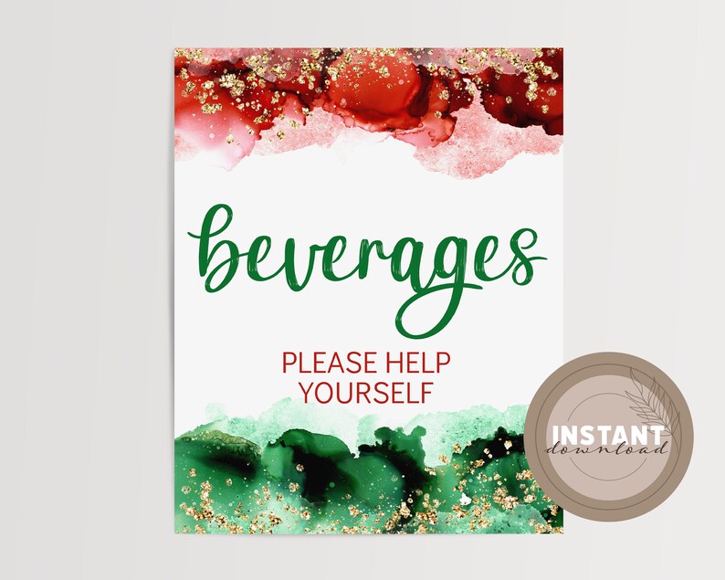 Printable Christmas Party Sign | Beverages | 8x10 Watercolor & Glitter ...