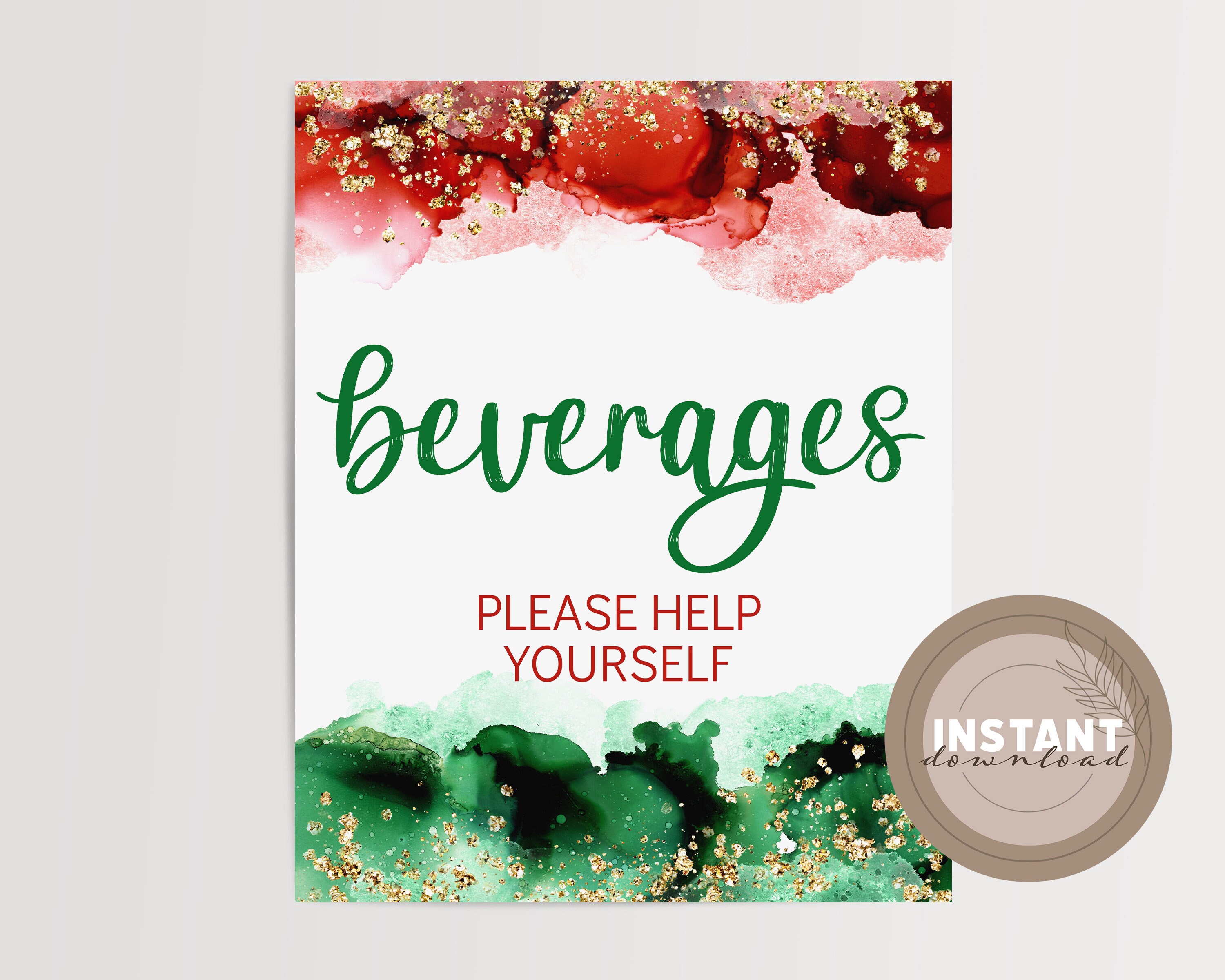 Printable Christmas Party Sign | Beverages | 8x10 Watercolor & Glitter ...