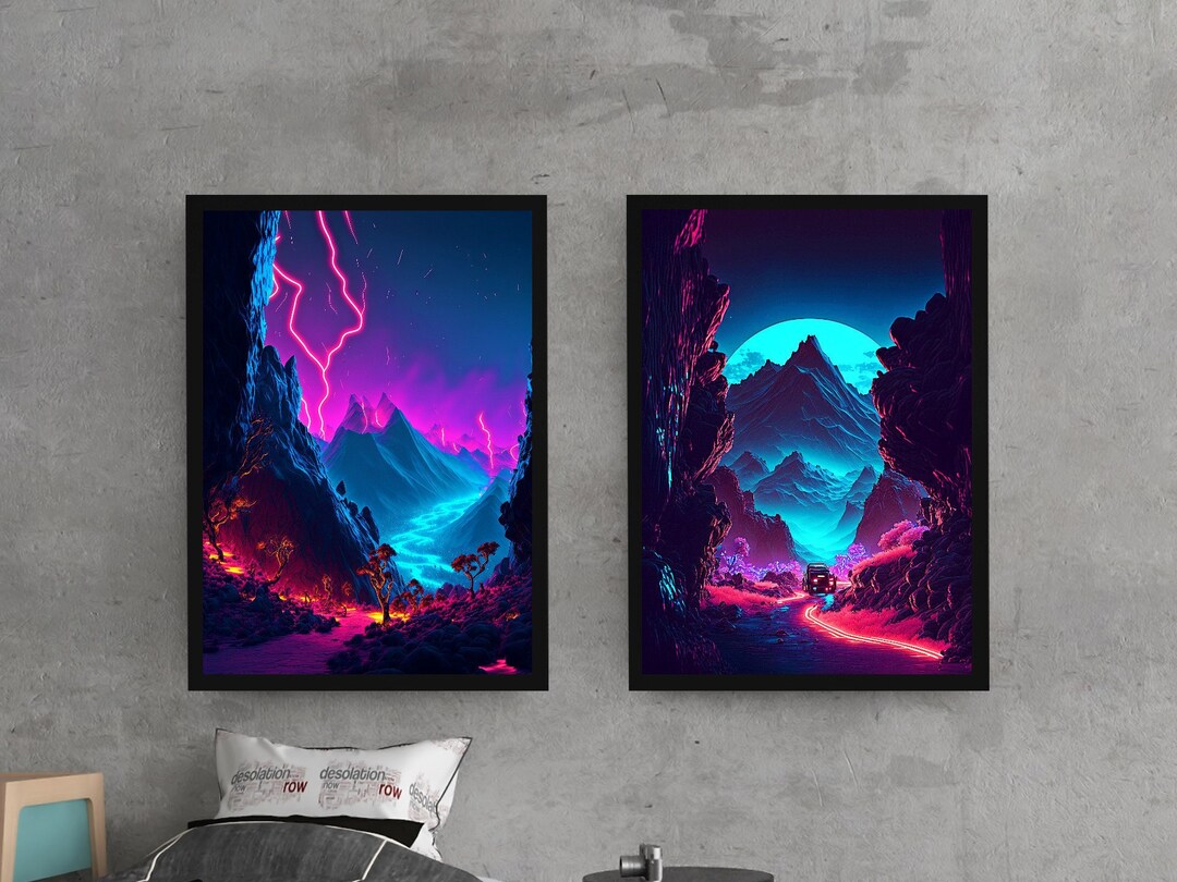 Set of 2 Mountain Landscape, Neon Prints, Futuristic Printable Wall Art ...