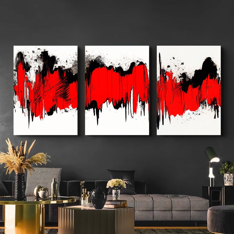 Red and Black Abstract Art, Set of 3 AND Large Wall Art, Modern Art Set ...