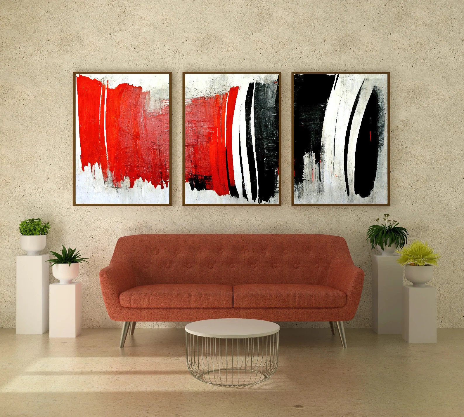 Red and Black Abstract, Set of 3 AND Large Wall Art, Modern Art Set ...
