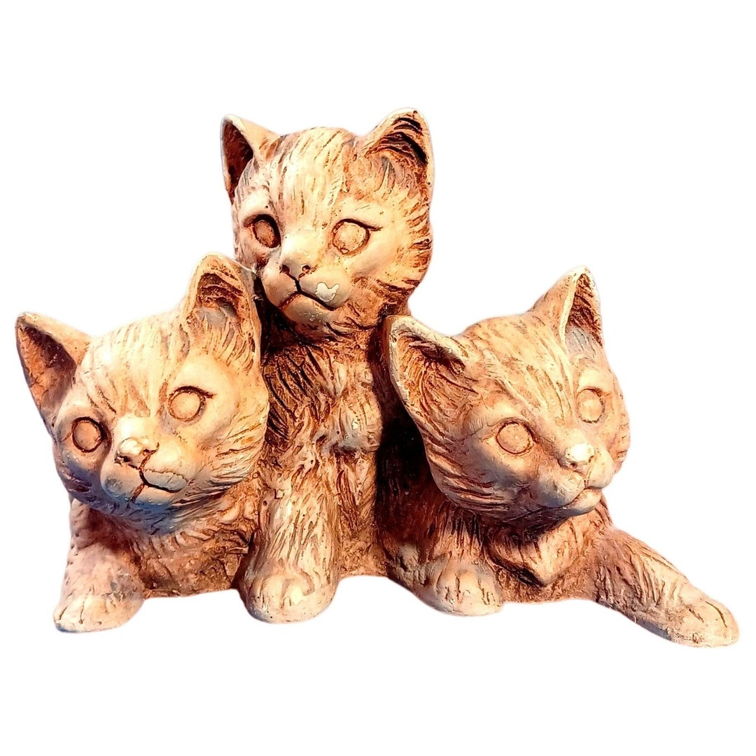 3 Kittens Cats Ooak Carved Wood Sculpture Planter Signed 1970s Mid ...