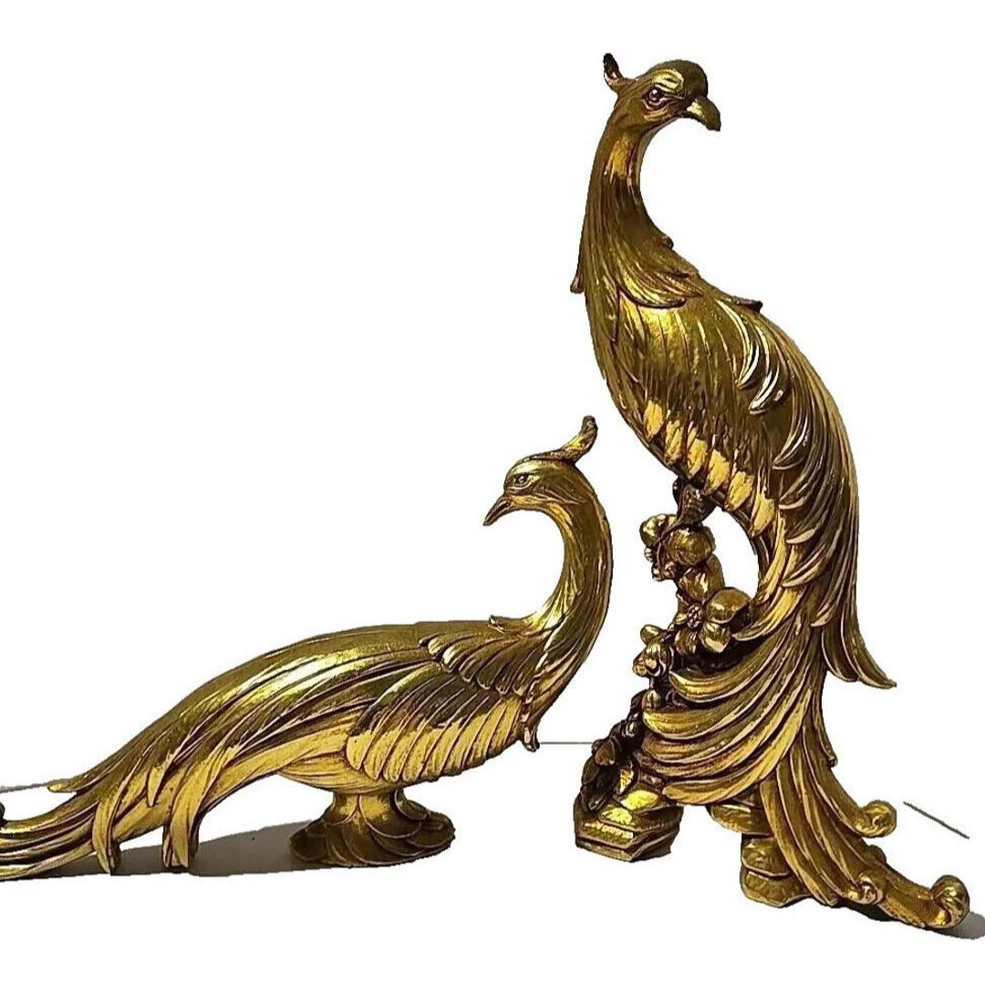 2 Vintage Mid Century Hollywood Regency Gold Verdigris Peacock Statues ...