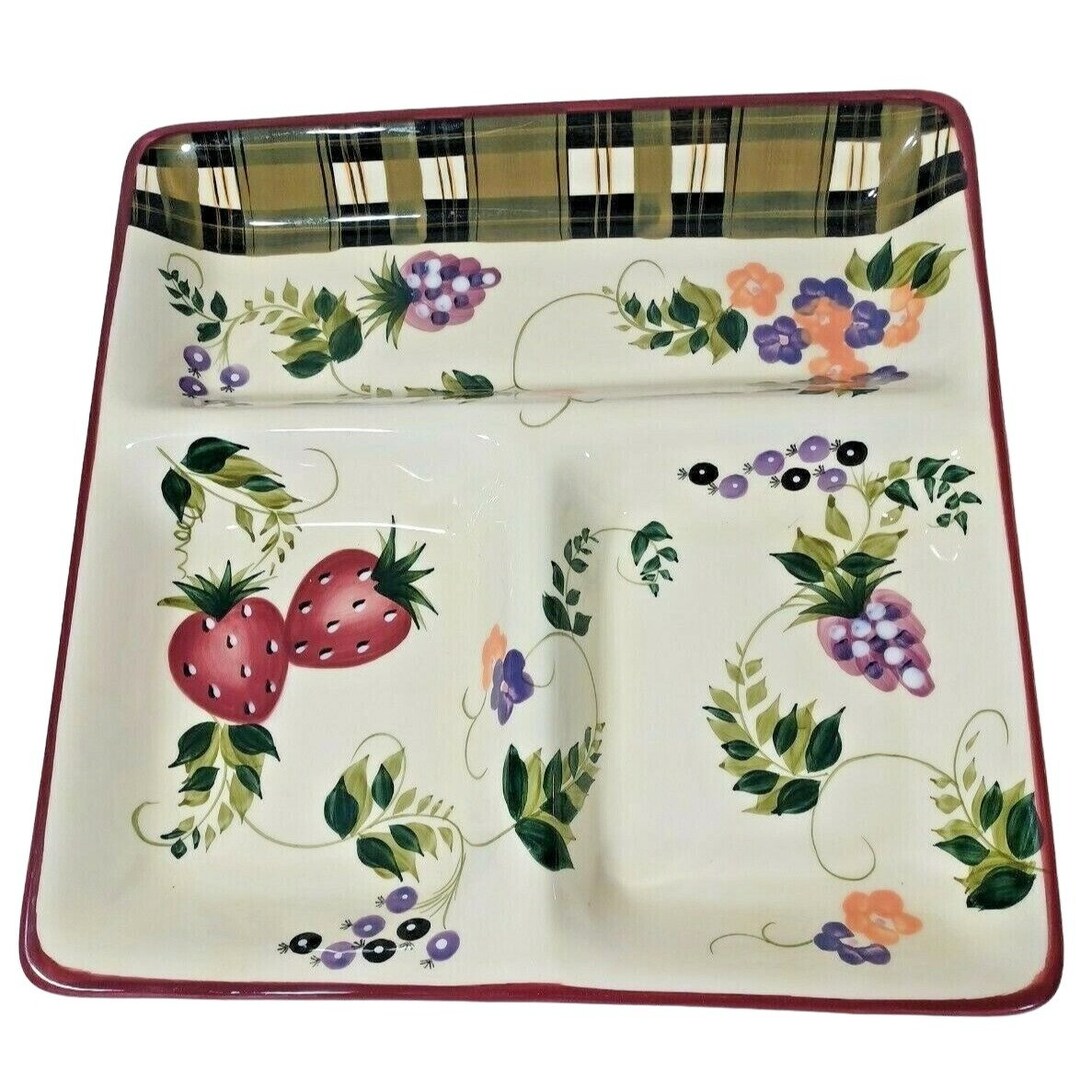 Oneida STRAWBERRY PLAID 13"x 13"" Square Divided Serving Tray Dish ...