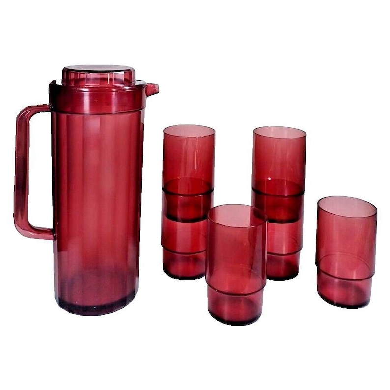 TUPPERWARE PRELUDIO Pitcher and Set of 6 Cranberry Red 14 Oz Acrylic ...